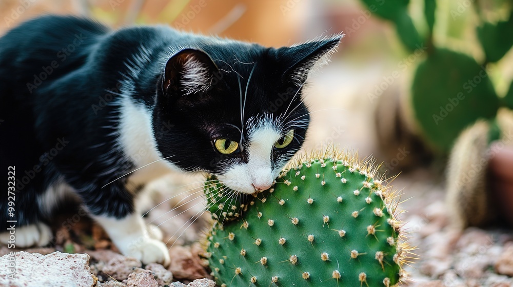 Curious black and white cat biting a large green cactus. The amusing ...