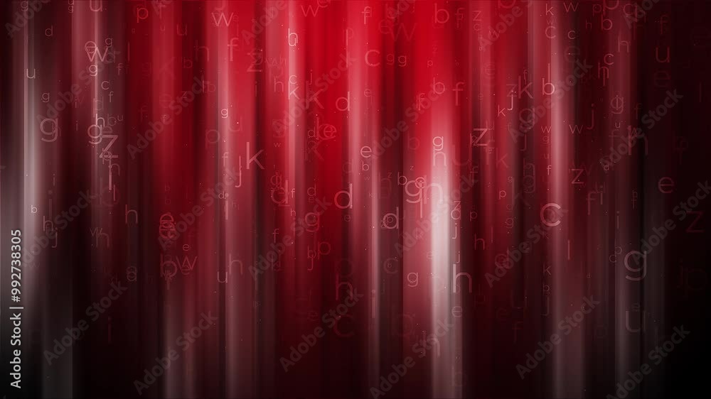 Abstract red background animation with flying letters and particle ...