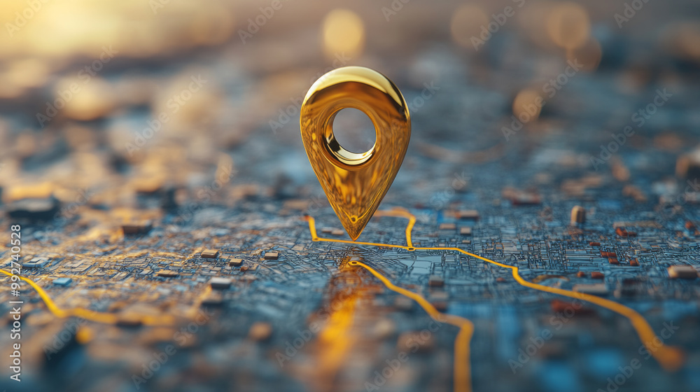 A gold GPS location marker stands prominently on detailed map ...