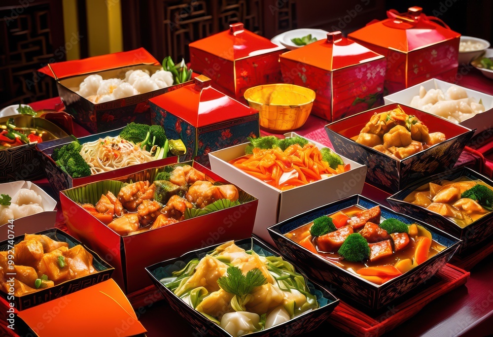 colorful chinese takeout boxes overflowing delicious dishes ready savor ...