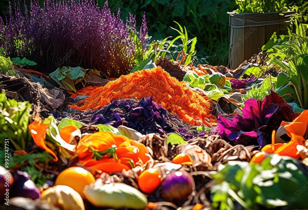 vibrant compost heap overflowing colorful vegetable scraps organic ...