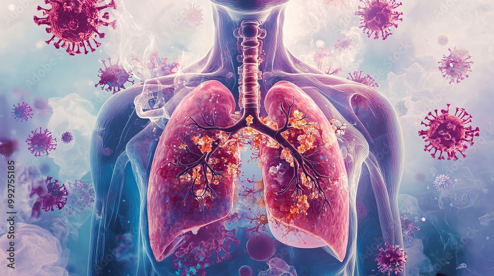 The illustration shows a person's lungs damaged by viruses, bacteria ...