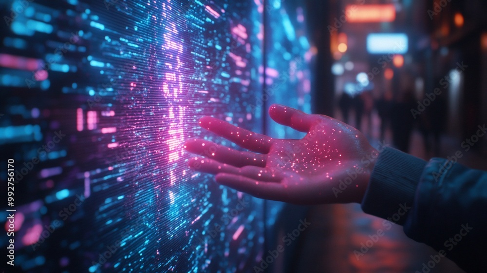 Hand reaching out to touch a digital screen with glowing lines and ...