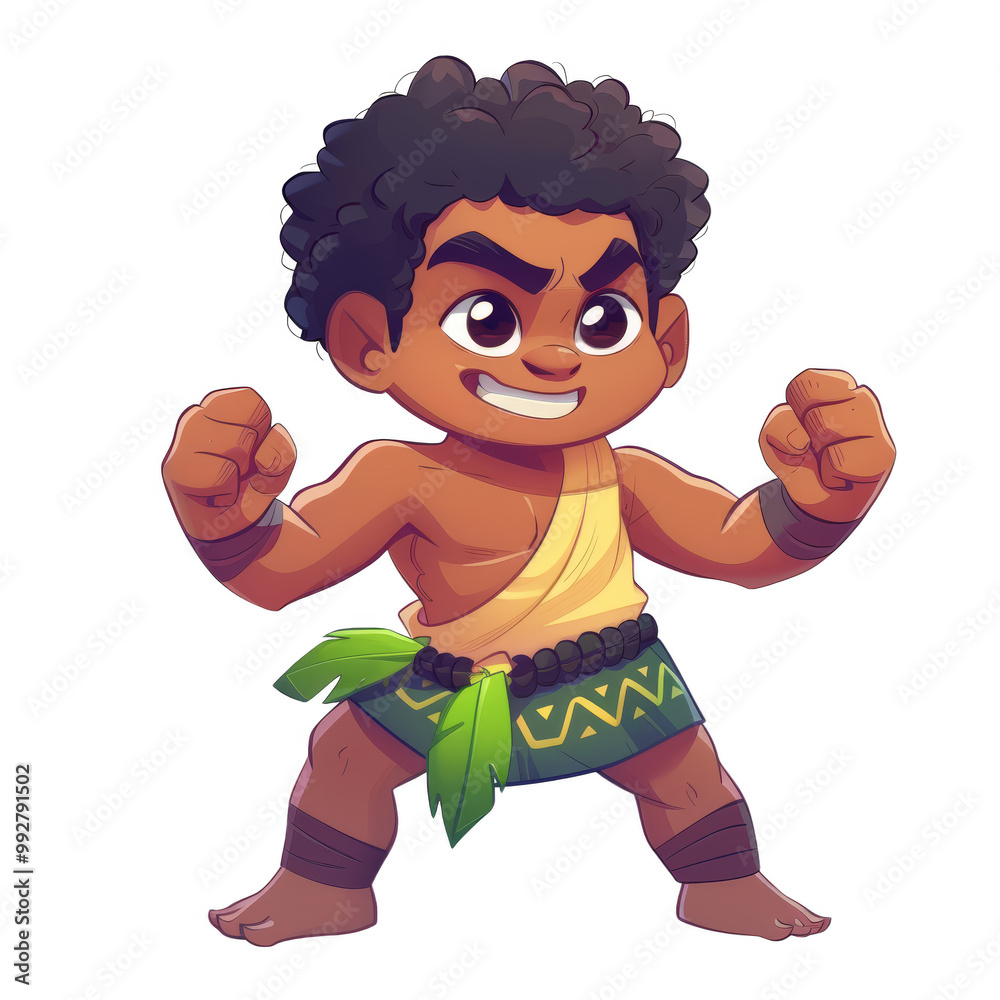 A cartoon illustration of a young Polynesian man with dark skin, a ...