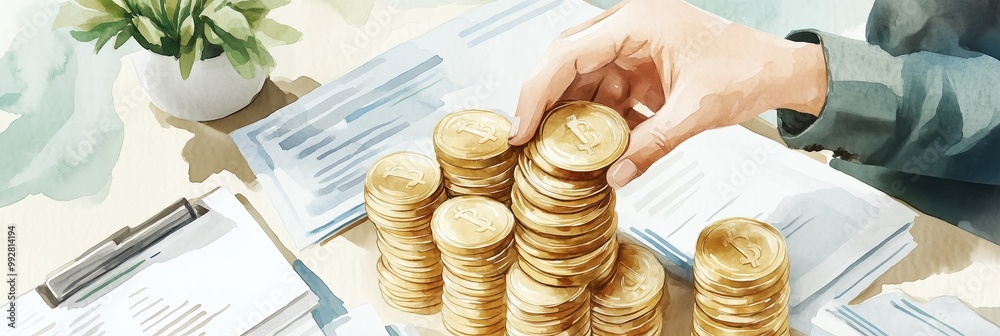 Hand holding coins with loan documents in background. Watercolor style ...