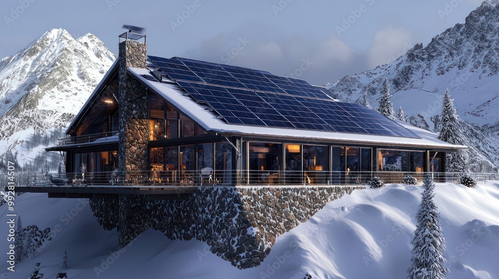 Architectural plan for an off-the-grid mountain lodge, featuring solar ...