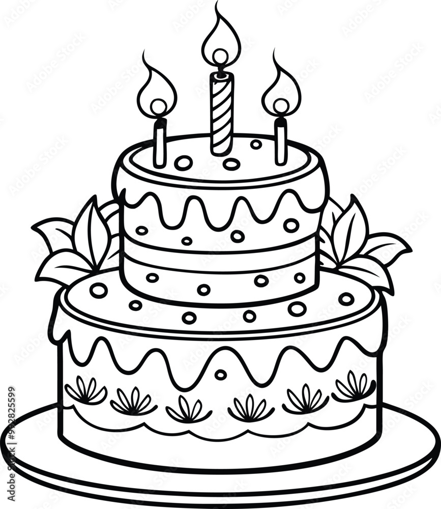 Vector line art black and white birthday cake with candles. Holiday ...