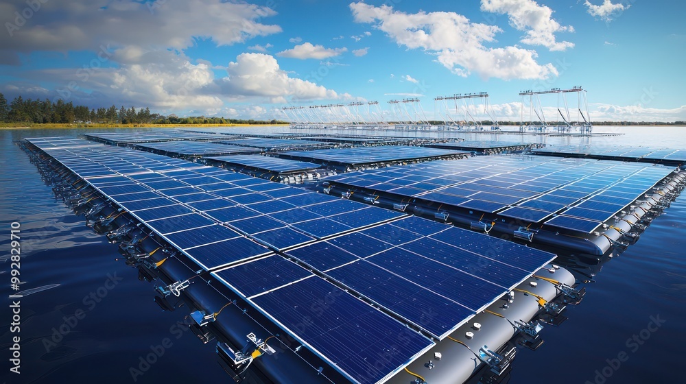 Architectural plan of a floating solar farm, detailing anchoring ...