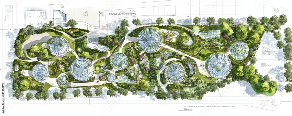 Architectural plan of a large-scale botanical garden, detailing climate ...
