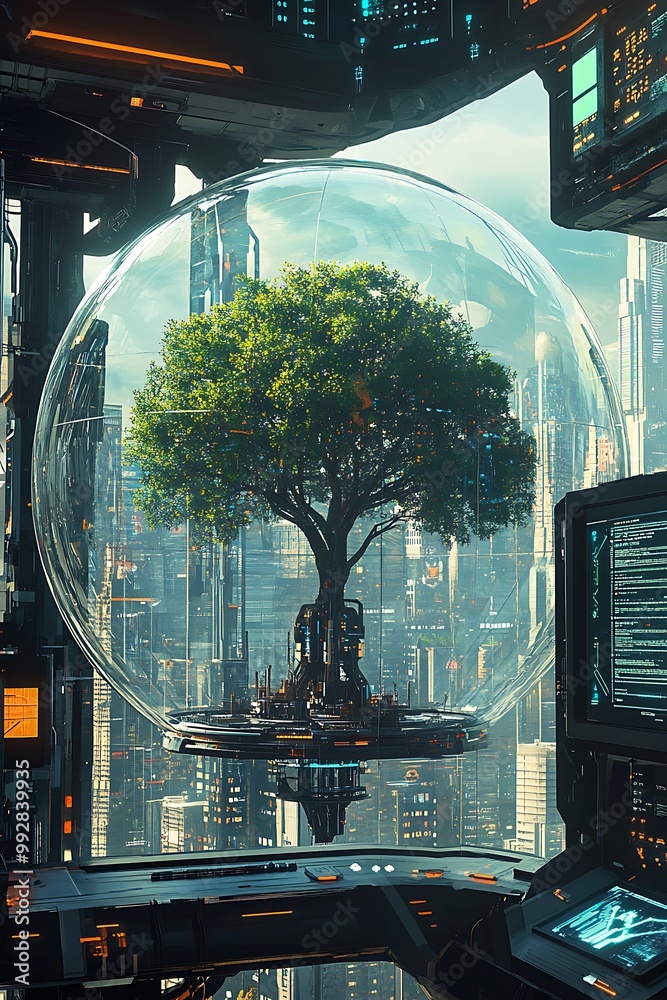 Tree growing inside a transparent dome with climate control systems ...