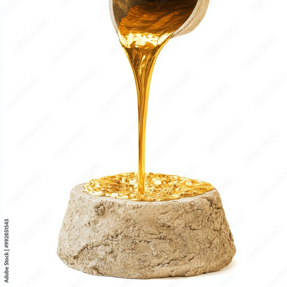 Molten gold pouring from a crucible into a mold, the intense heat ...