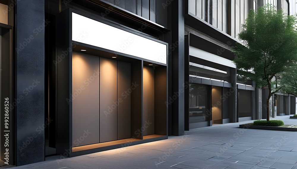 Urban skyline showcasing blank facades with illuminated lightboxes ...