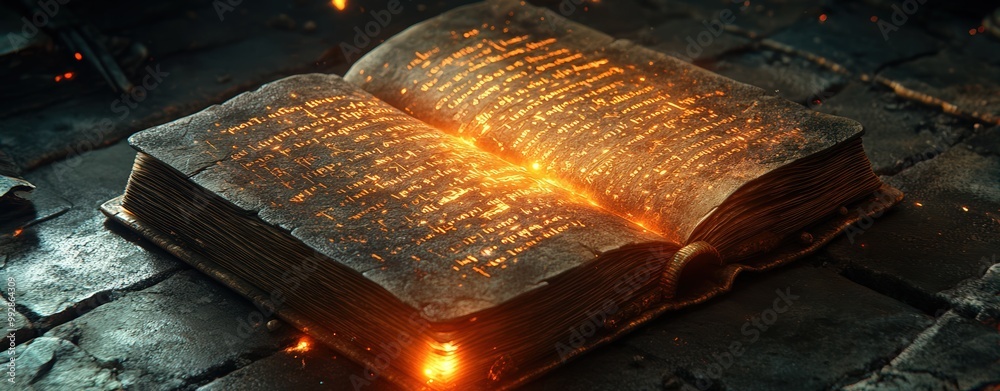 Ancient spellbook with runes glowing, dark room, 3D Render Blender ...
