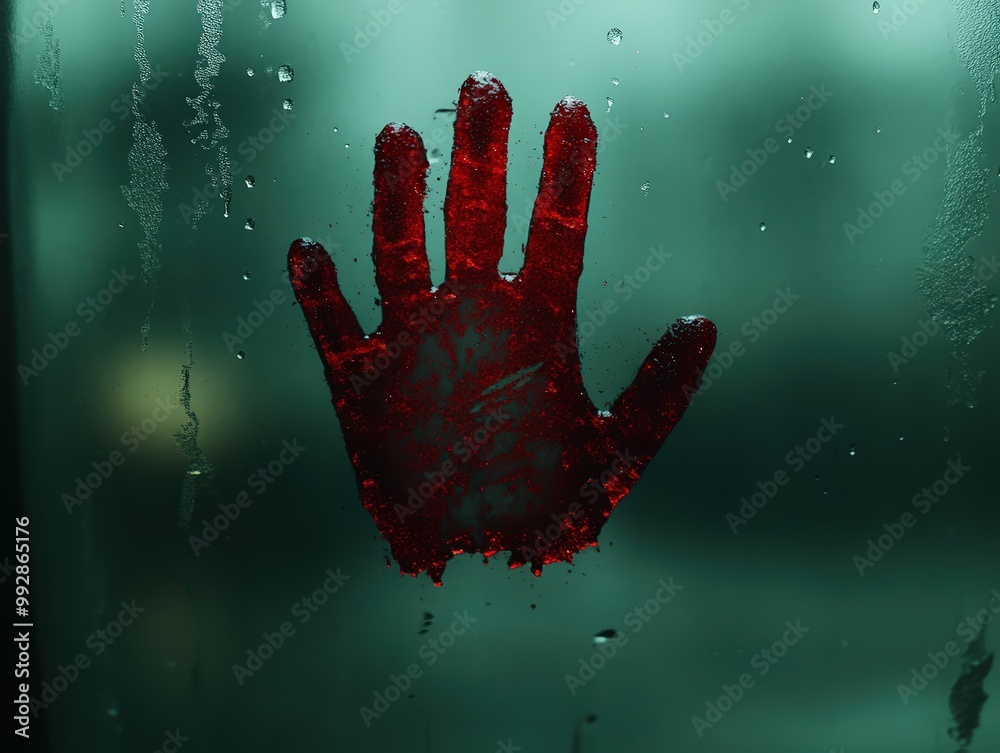 Bloody handprint on a foggy window, eerie vibes, 3D Render Blender ...