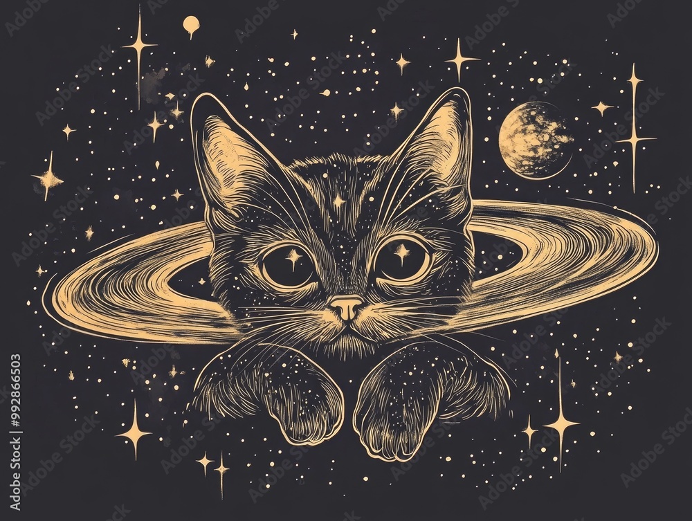 Cute magic cat tattoo design featuring space themed Saturn art an ...
