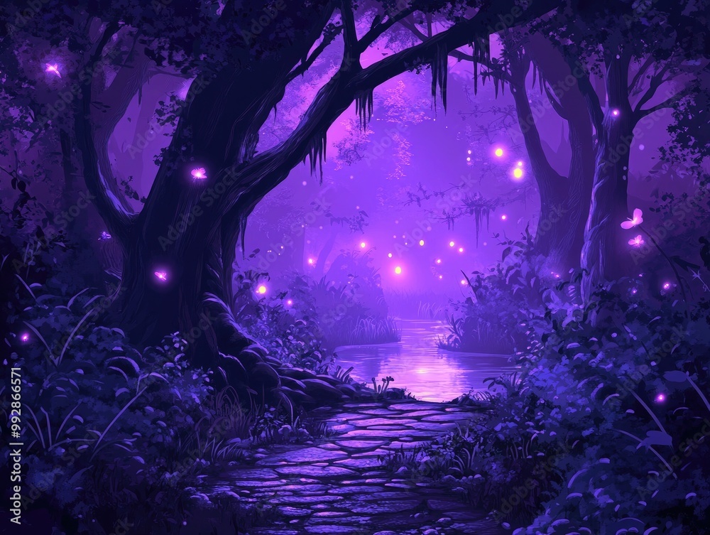 Mystical night forest scene featuring a whimsical swamp in a 2D cartoon ...