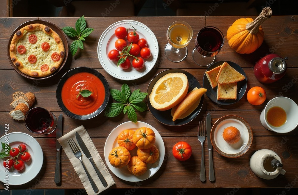 Full table of delicious. Dinner party table. European foods and drinks ...