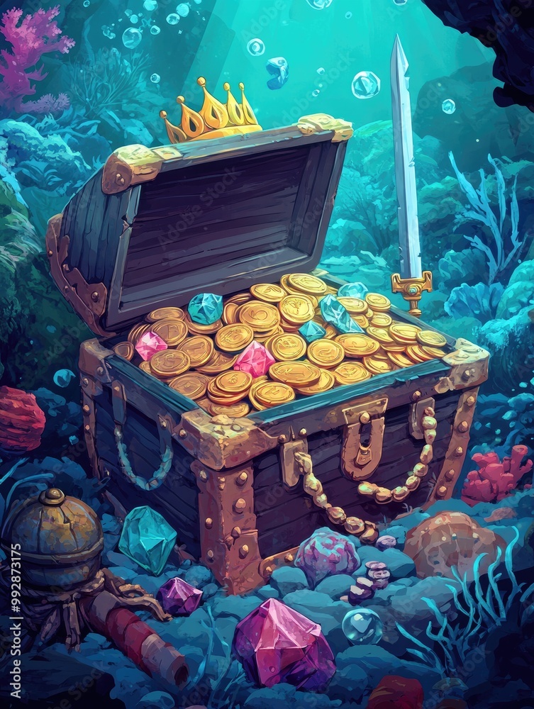 Sunken treasure under the sea featuring a chest filled with gold coins ...