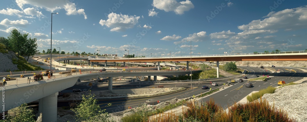 Detailed depiction of a new highway interchange project, with multiple ...