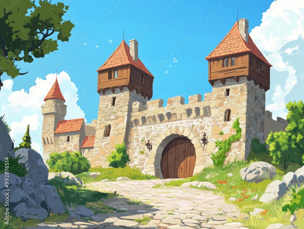 Fairytale fortress with turrets wooden archway and cobblestone path ...