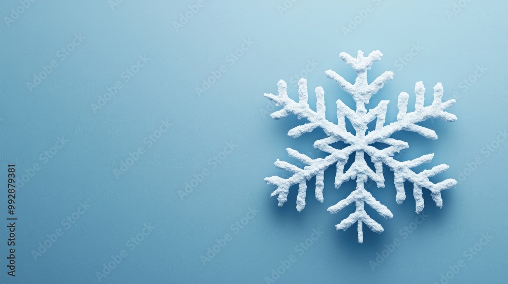 Winter decoration featuring a white ice crystal snowflake on a blue ...