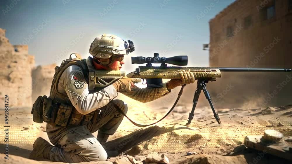 Soldier in desert camo kneeling and aiming a sniper rifle with a scope ...