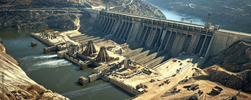 Detailed image of a large dam repair project, focusing on the ...