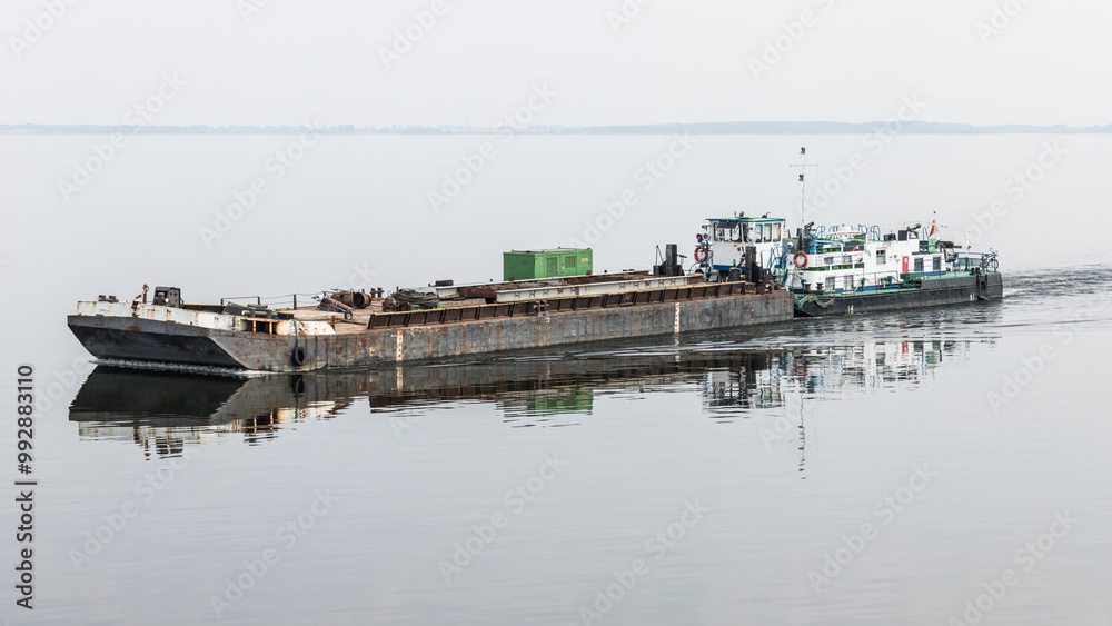 loaded barge on the river, barge, transport ship, water transport ...