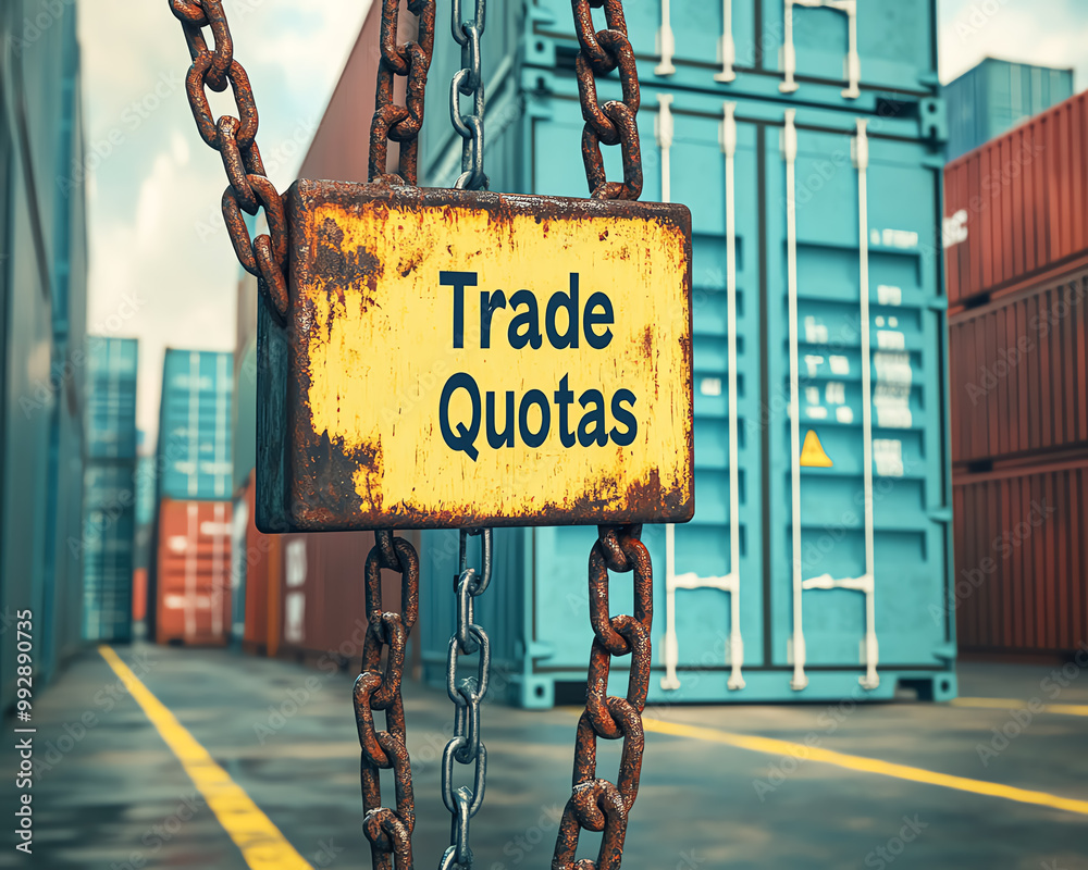 Shipping containers locked down by chains labeled "Trade Quotas", trade ...