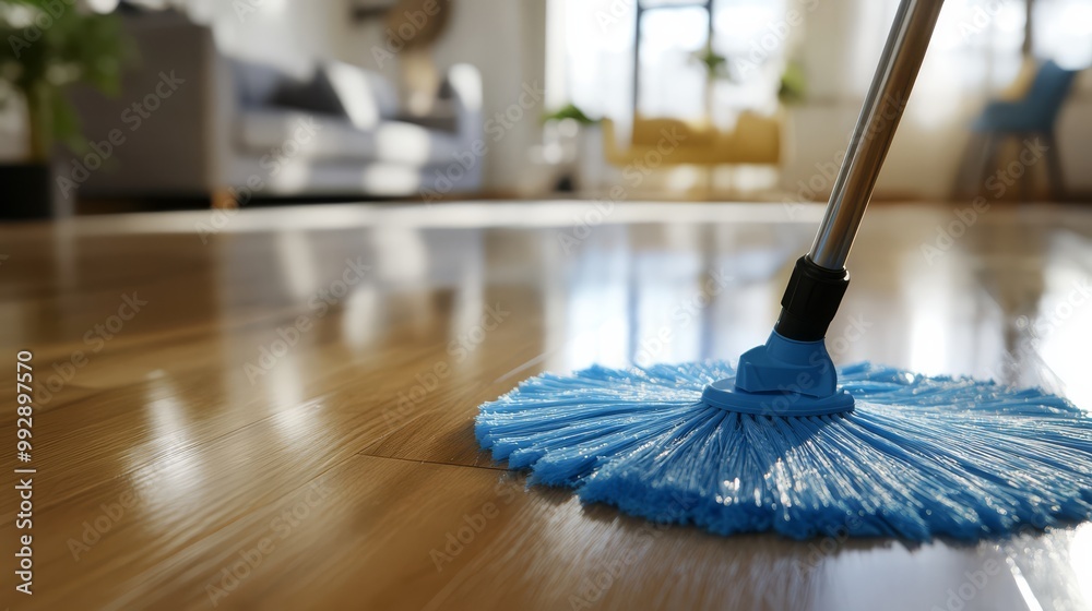 A blue mop cleaning a shiny wooden floor in a modern, well-lit living ...