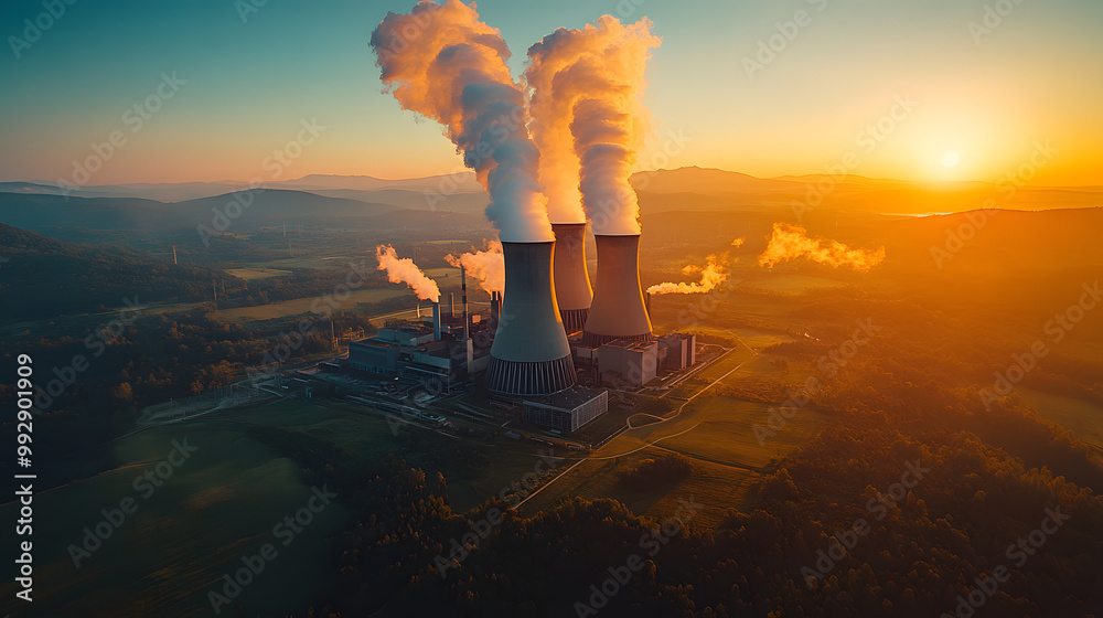 Aerial View of a Modern Nuclear Power Plant with Cooling Towers ...