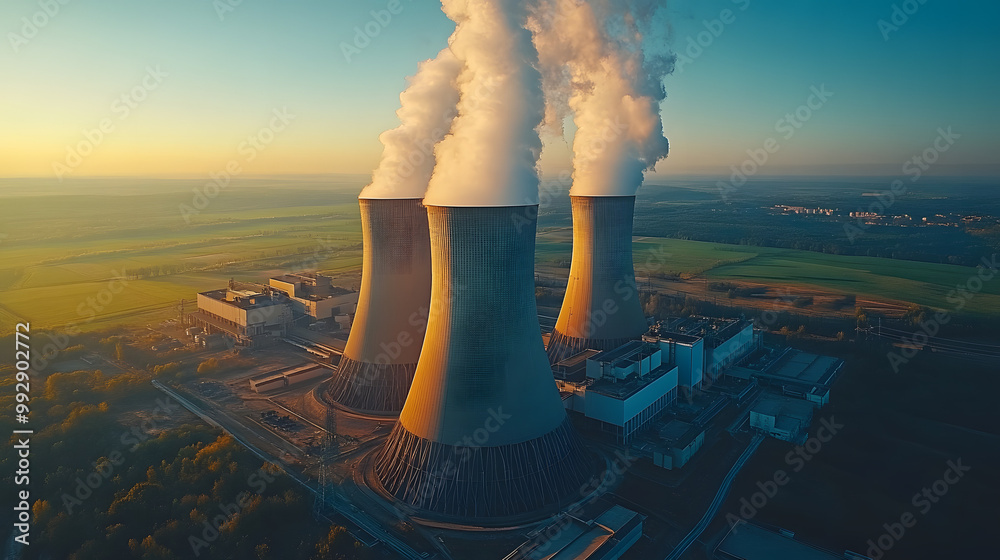 Aerial View of a Modern Nuclear Power Plant with Cooling Towers ...