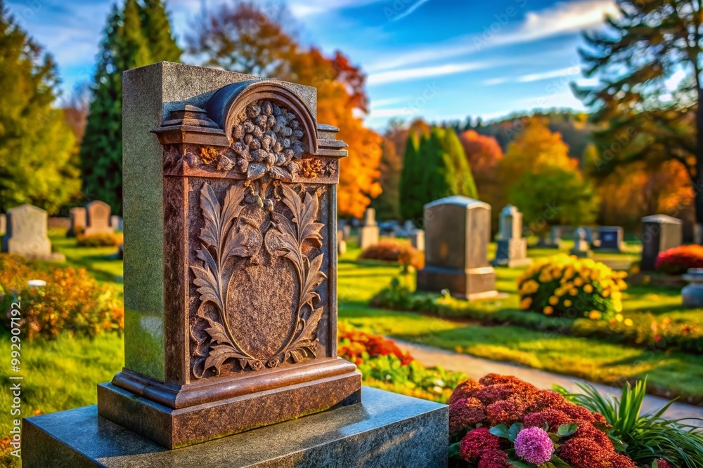 Elegant granite gravestone with intricate carvings in a serene cemetery ...