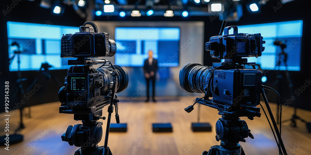 Cameras Ready for the Speaker. Professional cameras are positioned and ...