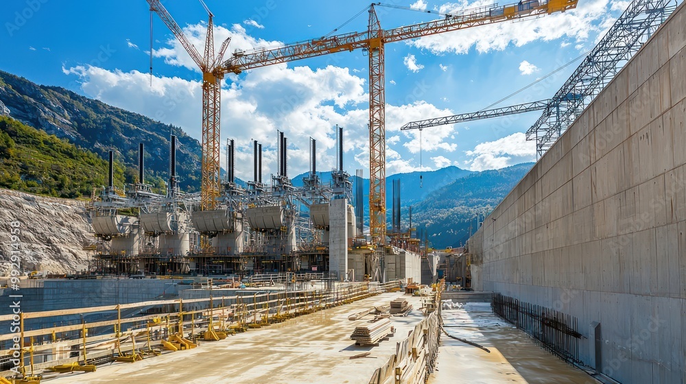 Image of a large hydroelectric power plant expansion, showing the ...