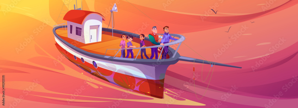 Happy smiling men and teen kids tourists on fishing boat in sea or ...