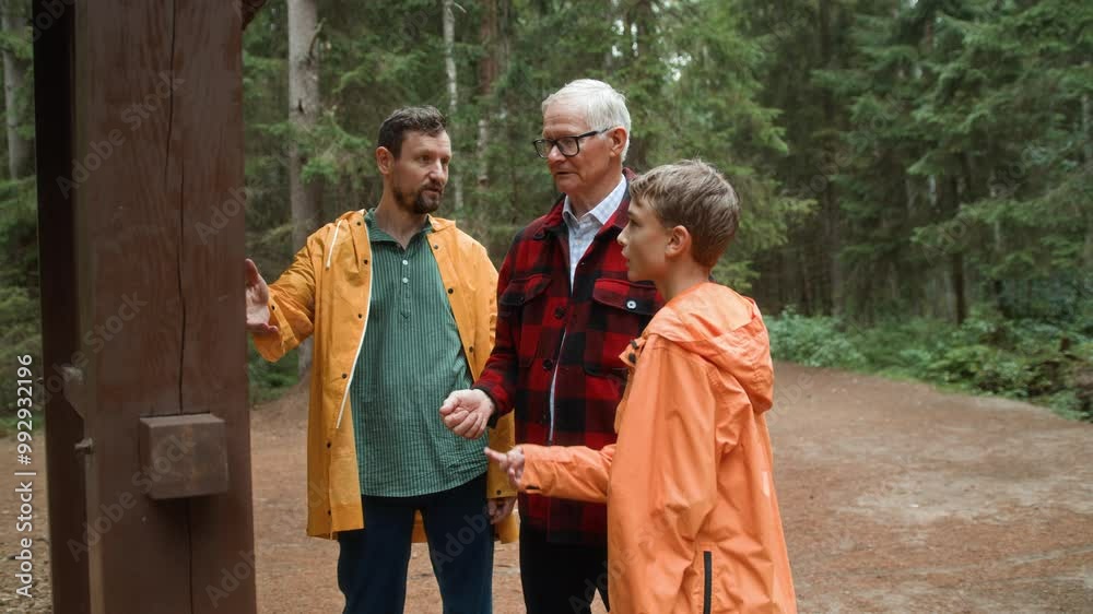 Grandfather, son and teenager grandson walk together on forest pathway ...