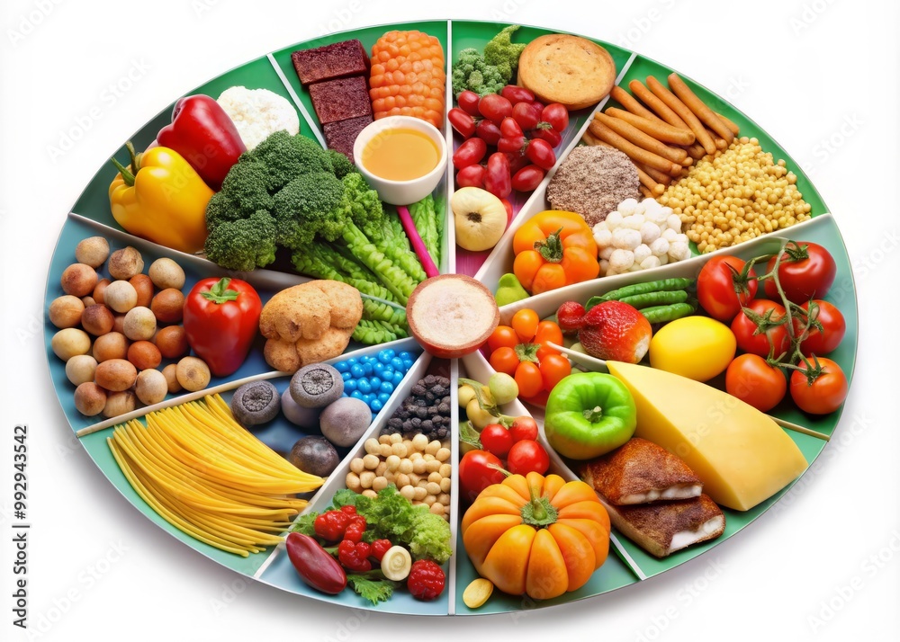 Illustrative diagram detailing essential nutrients and food groups that ...