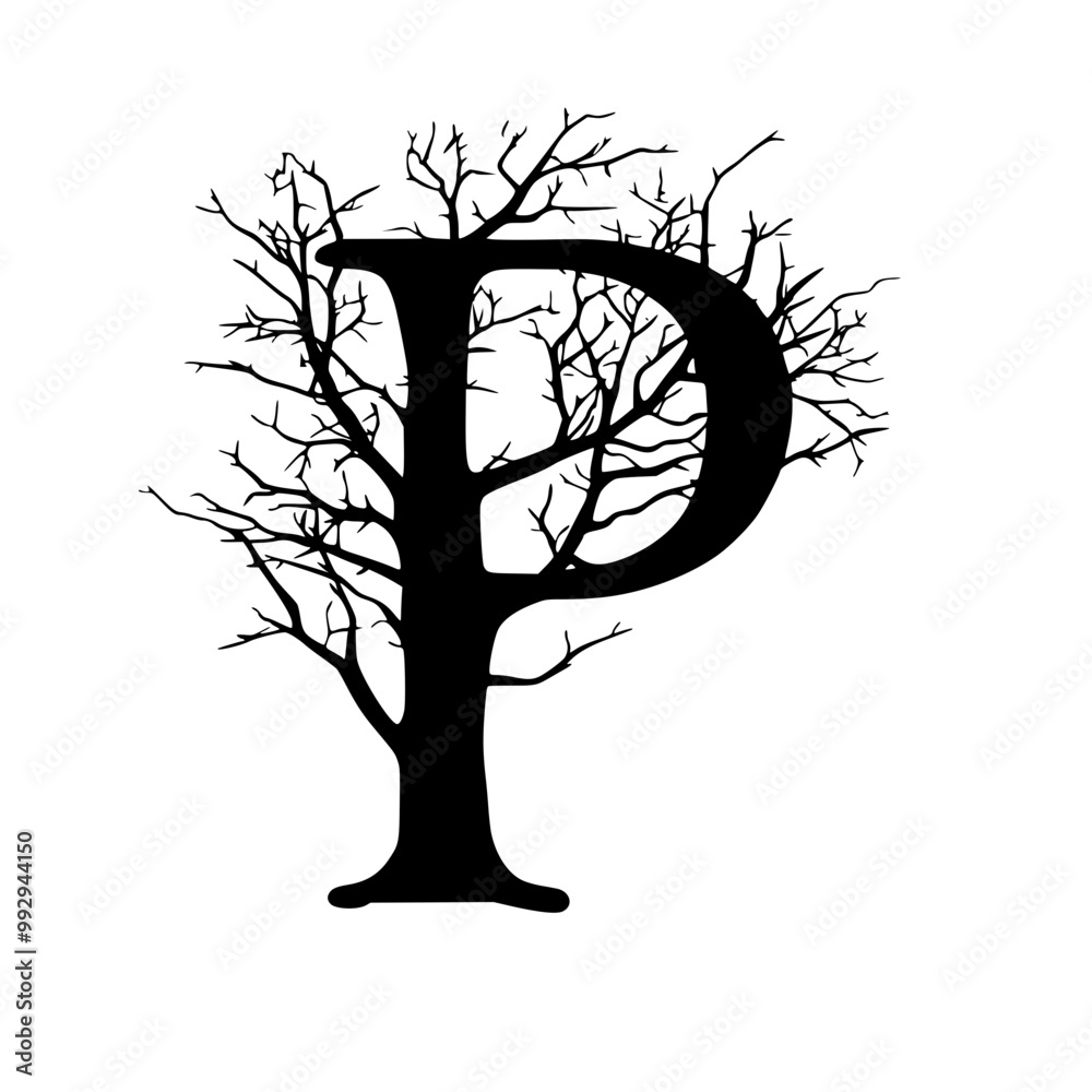 Letter P with Tree Branch Silhouette Design, A bold letter P ...