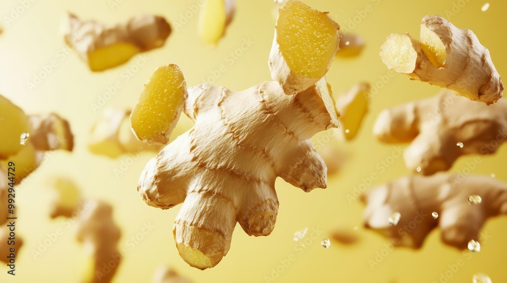 Fresh ginger roots floating in mid-air against a yellow background ...