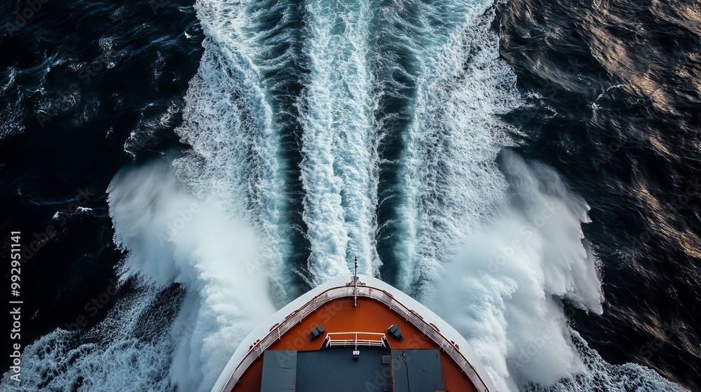 The turbulent water that forms behind a moving ship or ferry due to its ...
