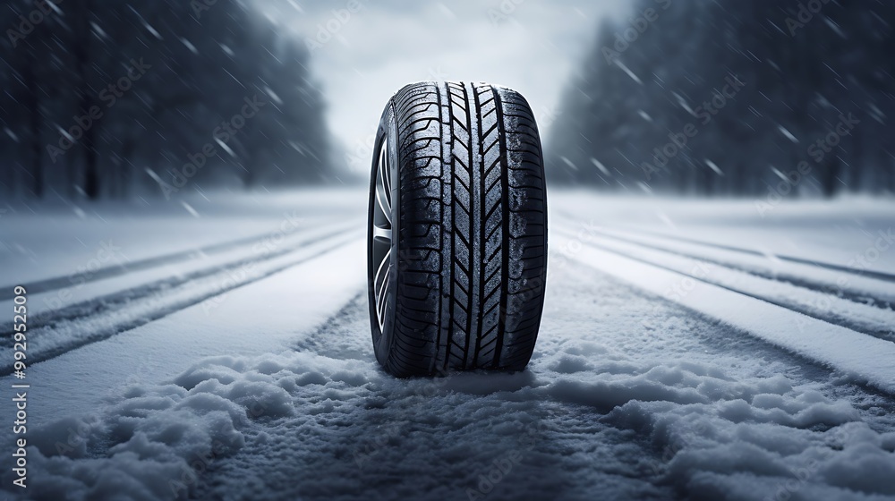 Car tire on snow, in a winter scene, on an asphalt road or street, with ...
