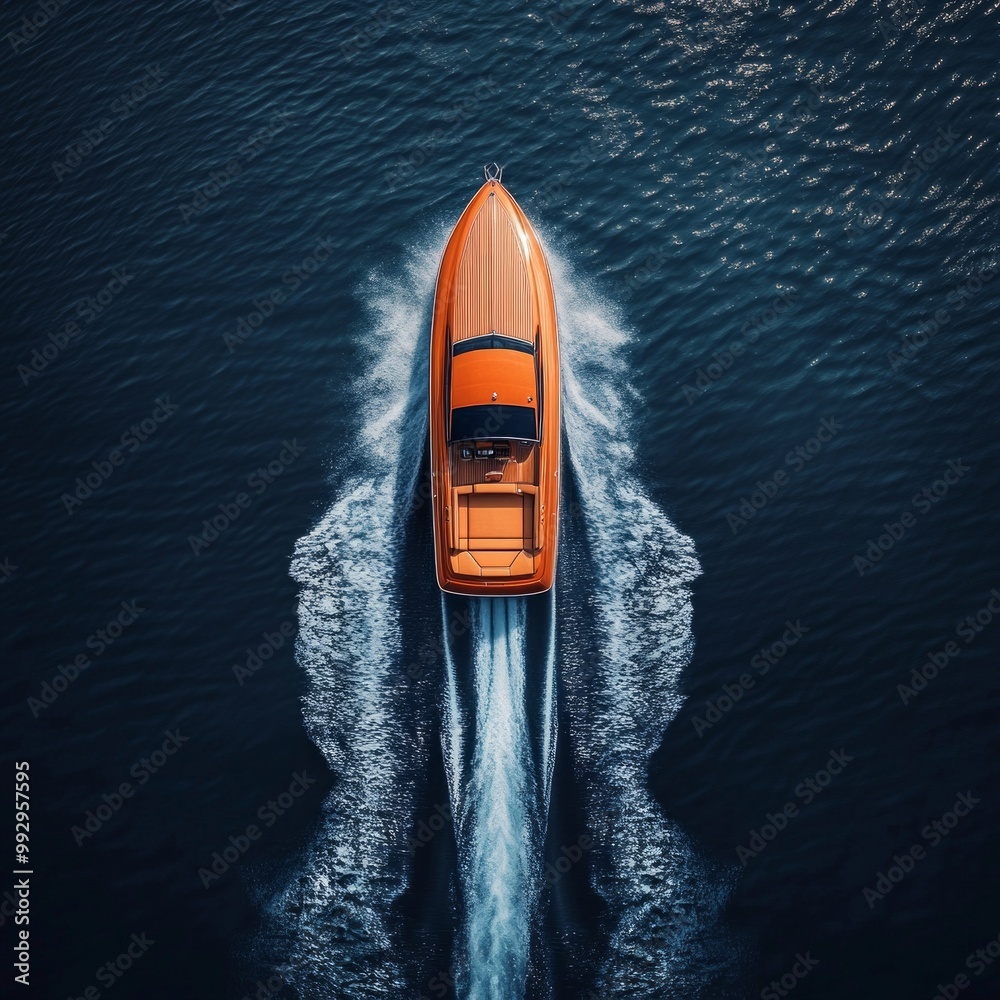 An elegant orange boat glides through the deep blue water. The smooth ...