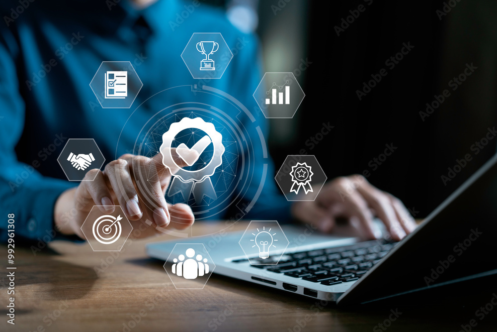 Businesswomen showing assurance mark symbols to confident the customer ...