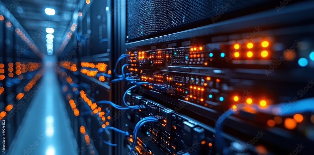 Black Network Server with Orange and Blue Wires in a Data Center – High ...