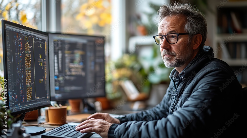 An electronics development engineer sits at his desk using CAD software ...
