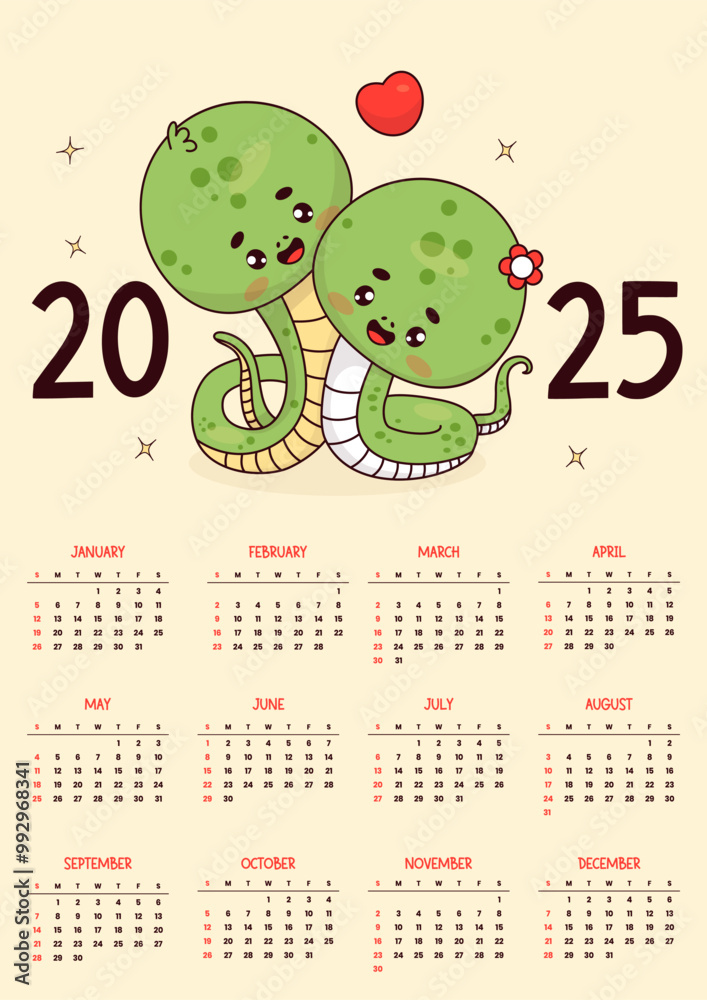 2025 annual calendar. Couple cute snakes with heart. Funny kawaii ...
