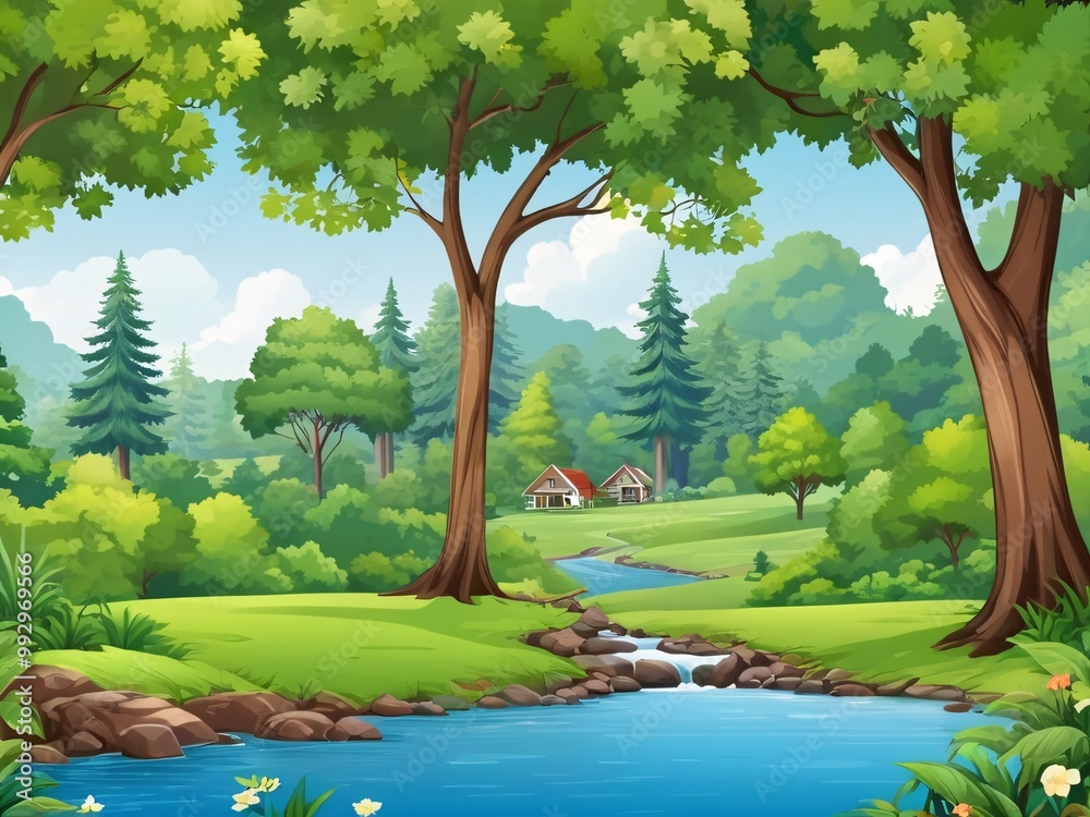 Forest scene with various forest trees vector a flat nature background ...