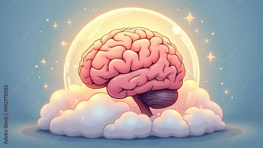 An illustration of a brain enclosed in a soft, glowing bubble ...