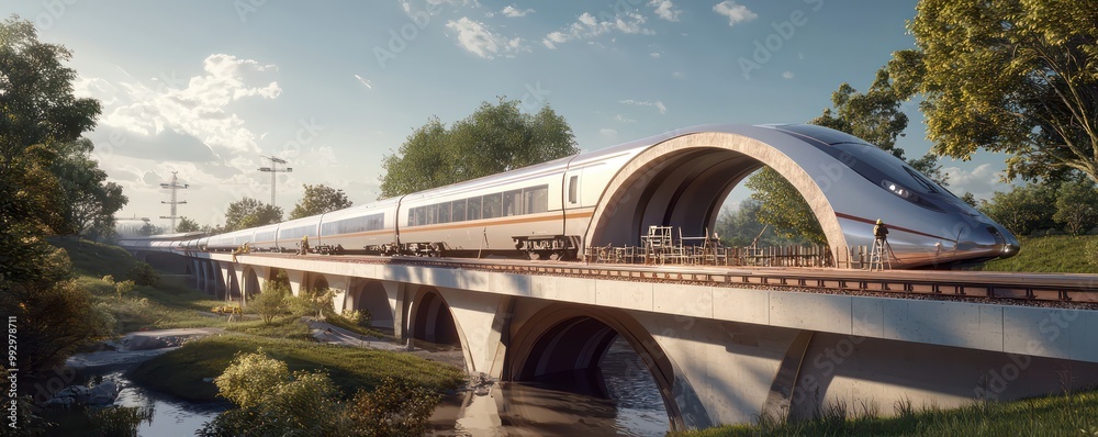 Realistic view of a new high-speed train line being constructed, with ...